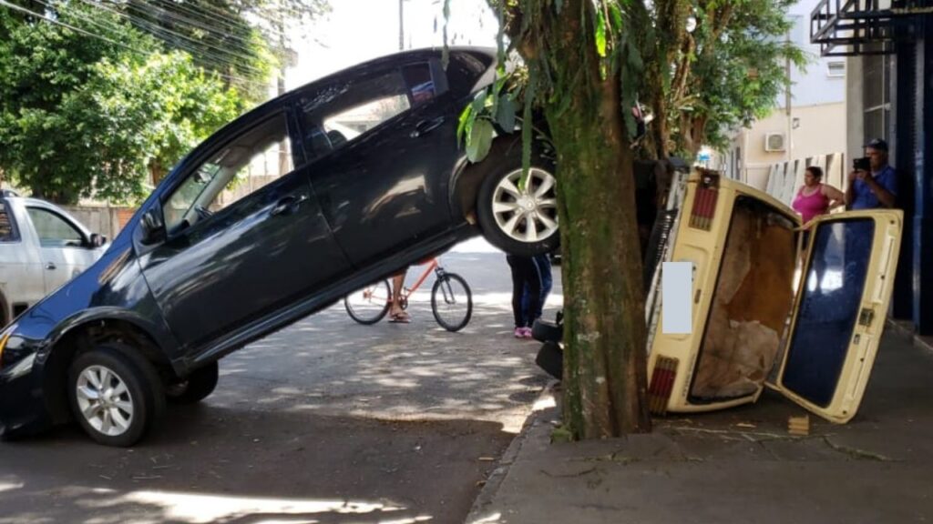 Motorista enrosca o pé em acelerador e carro fica pendurado em árvore no Paraná