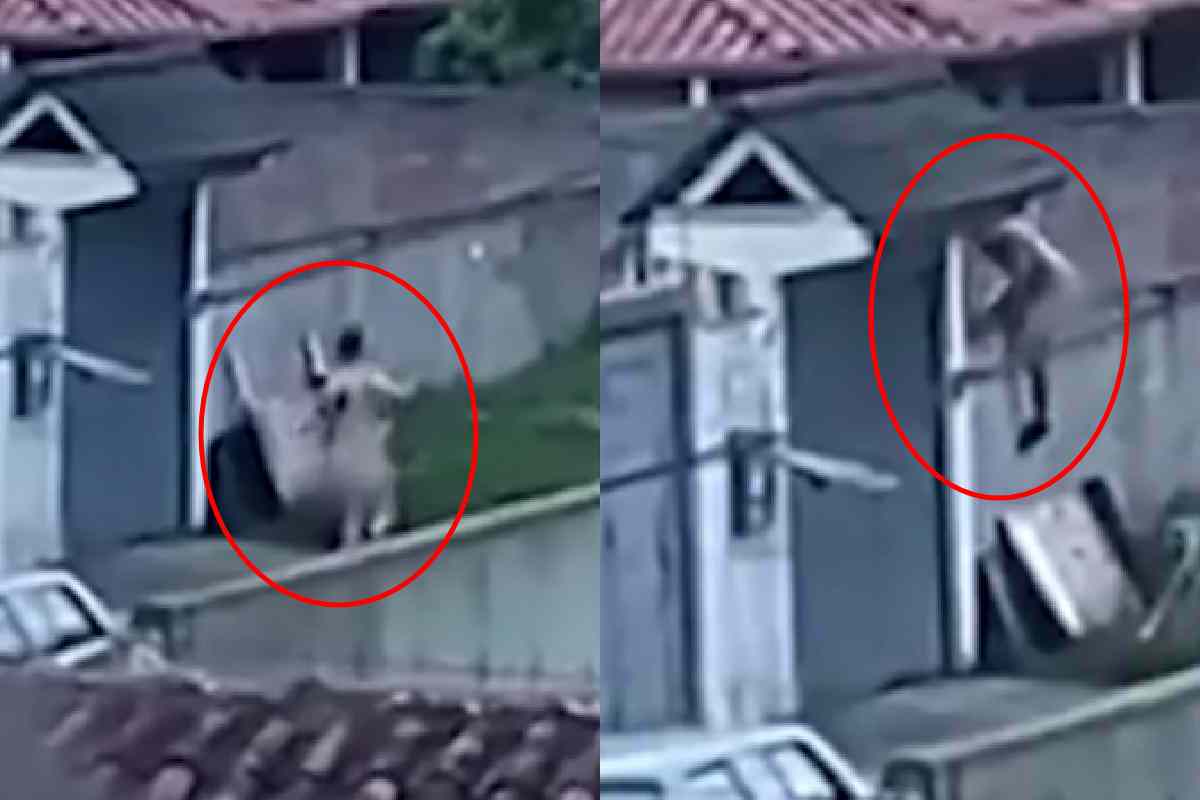 Homem 'peladão' é filmado correndo na rua e pulando muro de casa