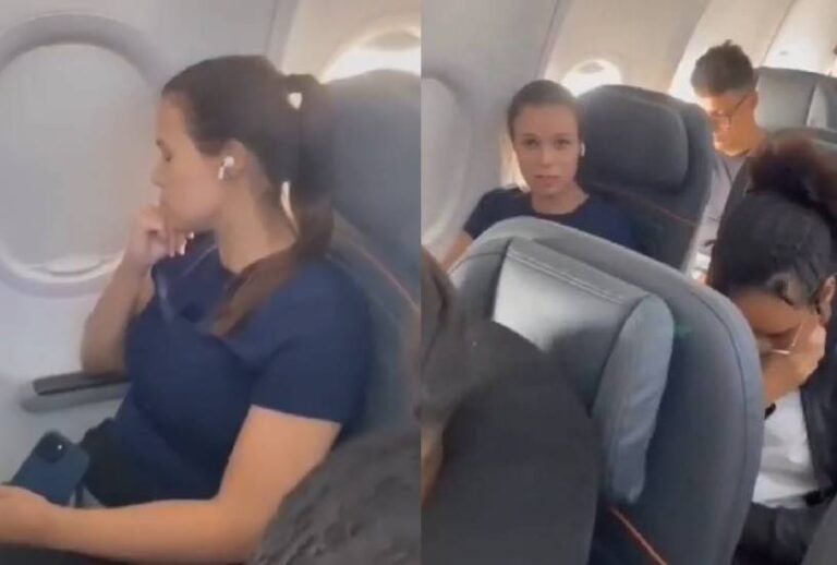 Mãe de criança chorando discute com mulher por janela em avião
